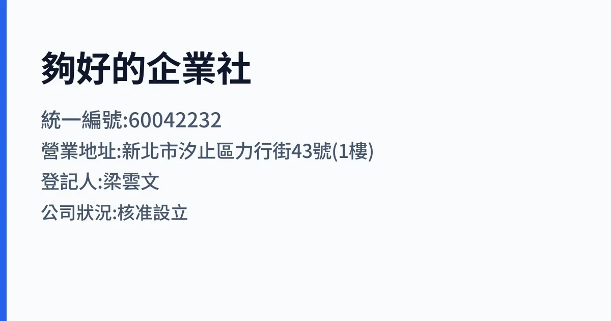 夠好的企業社 - 統編 60042232(新北市) 公司登記資料與營業項目詳細圖表