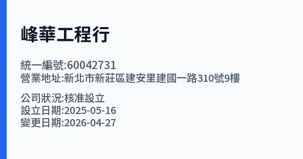峰華工程行的照片-統編 60042731(新北市) 公司登記資料與營業項目詳細圖表