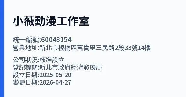 小薇動漫工作室的照片-統編 60043154(新北市) 公司登記資料與營業項目詳細圖表