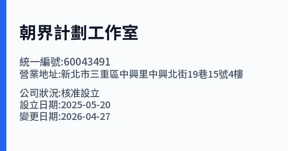 朝界計劃工作室的照片-統編 60043491(新北市) 公司登記資料與營業項目詳細圖表