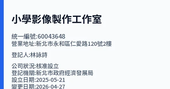 小學影像製作工作室的照片-統編 60043648(新北市) 公司登記資料與營業項目詳細圖表
