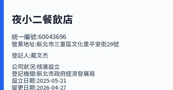夜小二餐飲店的照片-統編 60043696(新北市) 公司登記資料與營業項目詳細圖表