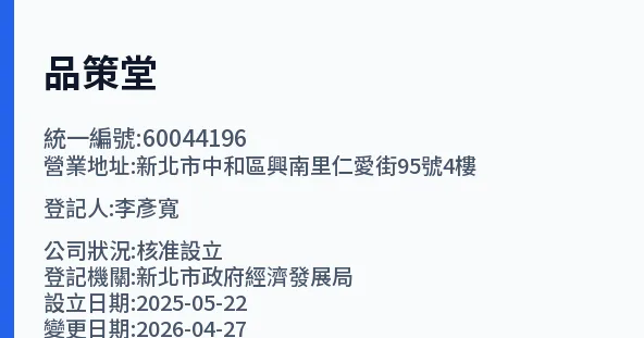 品策堂的照片-統編 60044196(新北市) 公司登記資料與營業項目詳細圖表