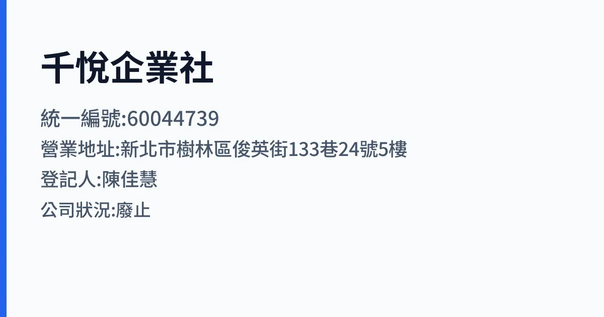 千悅企業社 - 統編 60044739(新北市) 公司登記資料與營業項目詳細圖表