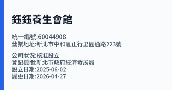 鈺鈺養生會館的照片-統編 60044908(新北市) 公司登記資料與營業項目詳細圖表