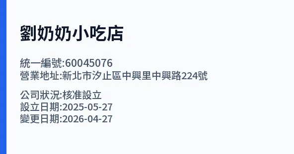 劉奶奶小吃店的照片-統編 60045076(新北市) 公司登記資料與營業項目詳細圖表