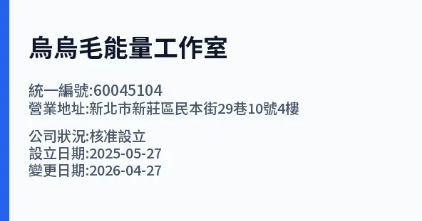烏烏毛能量工作室的照片-統編 60045104(新北市) 公司登記資料與營業項目詳細圖表