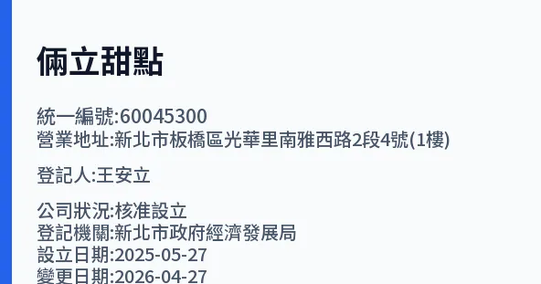 倆立甜點的照片-統編 60045300(新北市) 公司登記資料與營業項目詳細圖表
