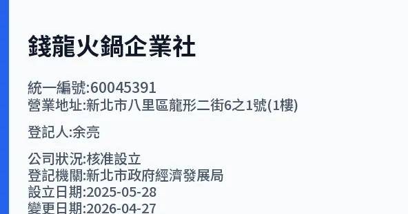 錢龍火鍋企業社的照片-統編 60045391(新北市) 公司登記資料與營業項目詳細圖表