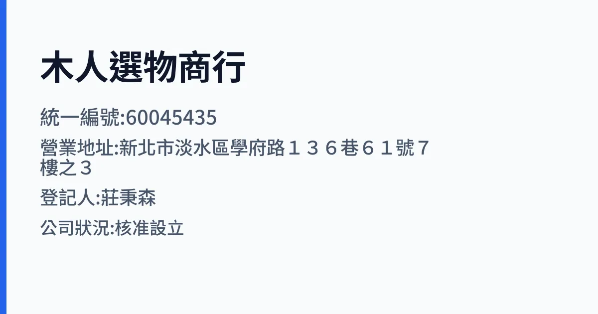 木人選物商行 - 統編 60045435(新北市) 公司登記資料與營業項目詳細圖表