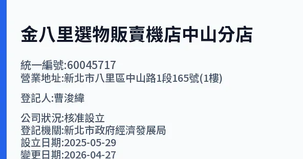 金八里選物販賣機店中山分店的照片-統編 60045717(新北市) 公司登記資料與營業項目詳細圖表