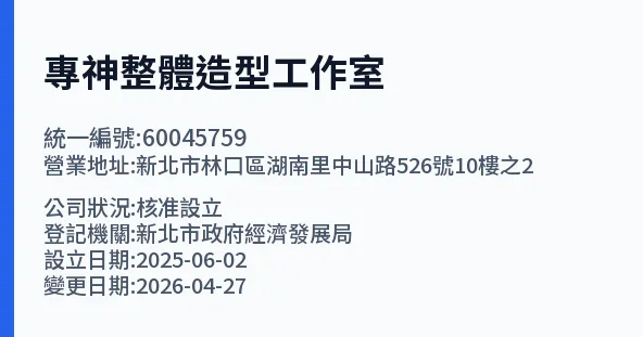專神整體造型工作室的照片-統編 60045759(新北市) 公司登記資料與營業項目詳細圖表