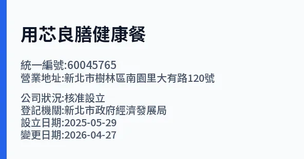 用芯良膳健康餐的照片-統編 60045765(新北市) 公司登記資料與營業項目詳細圖表