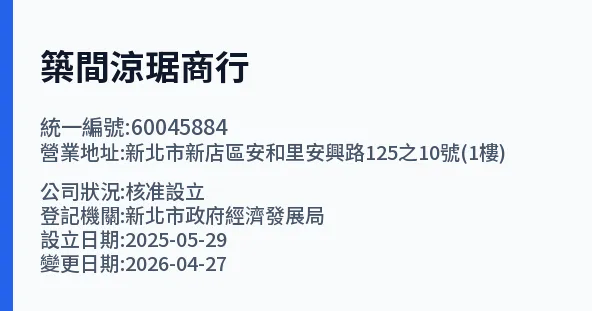 築間涼琚商行的照片-統編 60045884(新北市) 公司登記資料與營業項目詳細圖表