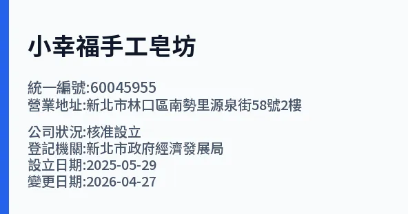 小幸福手工皂坊的照片-統編 60045955(新北市) 公司登記資料與營業項目詳細圖表