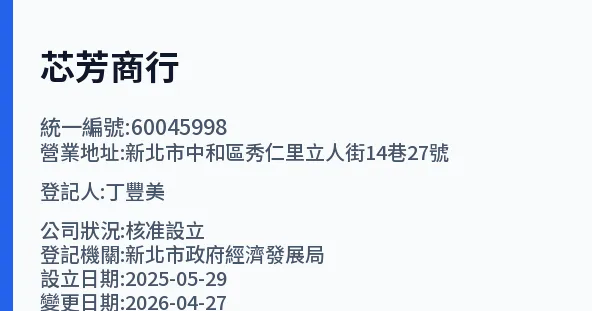 芯芳商行的照片-統編 60045998(新北市) 公司登記資料與營業項目詳細圖表