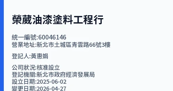 榮葳油漆塗料工程行的照片-統編 60046146(新北市) 公司登記資料與營業項目詳細圖表