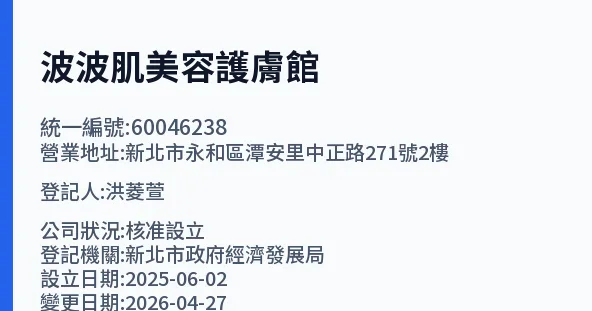 波波肌美容護膚館的照片-統編 60046238(新北市) 公司登記資料與營業項目詳細圖表