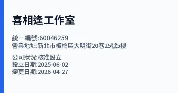 喜相逢工作室的照片-統編 60046259(新北市) 公司登記資料與營業項目詳細圖表