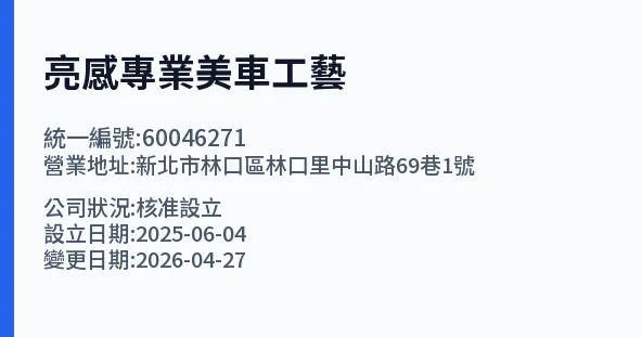 亮感專業美車工藝的照片-統編 60046271(新北市) 公司登記資料與營業項目詳細圖表