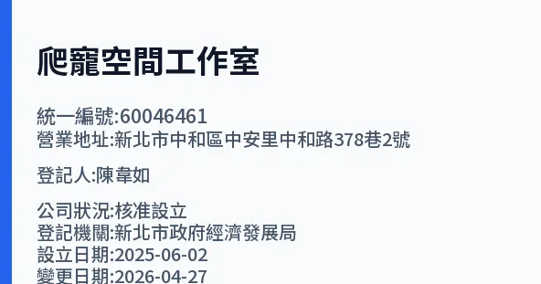 爬寵空間工作室的照片-統編 60046461(新北市) 公司登記資料與營業項目詳細圖表