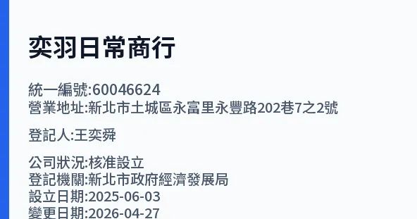 奕羽日常商行的照片-統編 60046624(新北市) 公司登記資料與營業項目詳細圖表