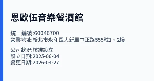 恩歐伍音樂餐酒館的照片-統編 60046700(新北市) 公司登記資料與營業項目詳細圖表