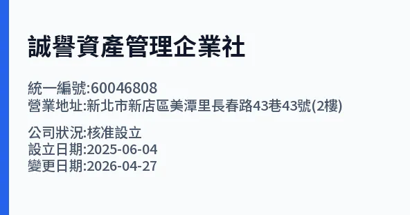 誠譽資產管理企業社的照片-統編 60046808(新北市) 公司登記資料與營業項目詳細圖表