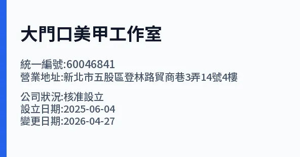 大門口美甲工作室的照片-統編 60046841(新北市) 公司登記資料與營業項目詳細圖表