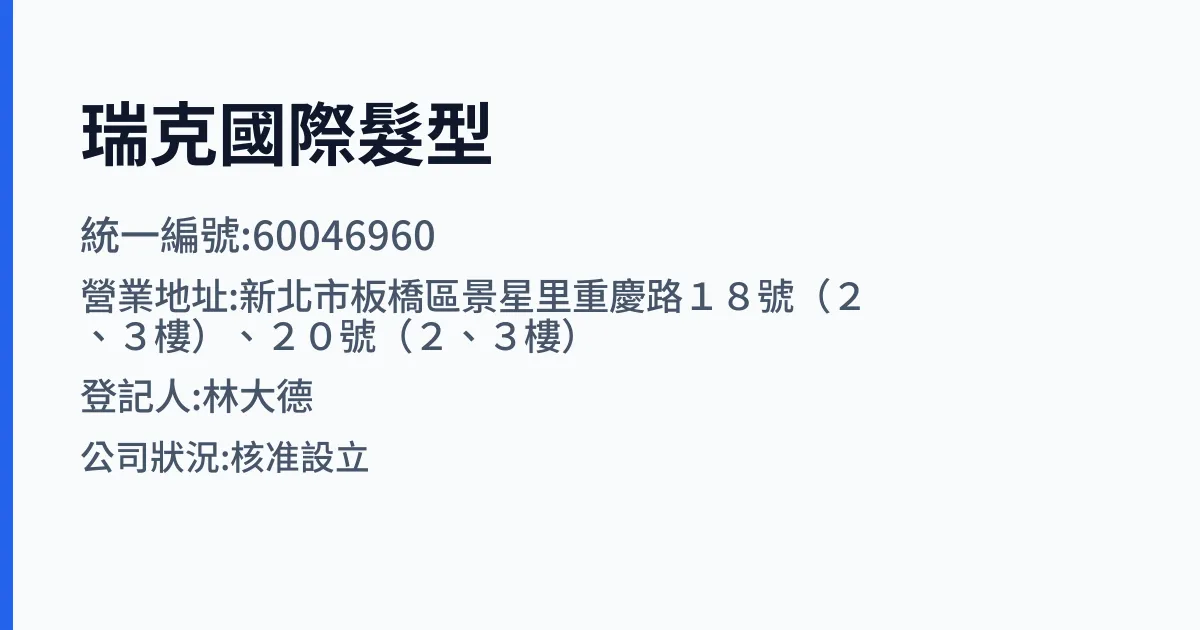 瑞克國際髮型 - 統編 60046960(新北市) 公司登記資料與營業項目詳細圖表