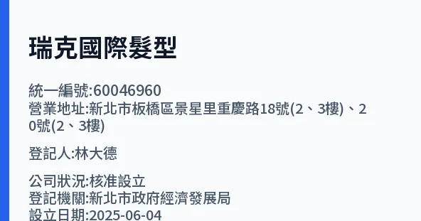 瑞克國際髮型的照片-統編 60046960(新北市) 公司登記資料與營業項目詳細圖表