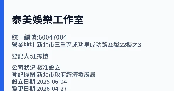 泰美娛樂工作室的照片-統編 60047004(新北市) 公司登記資料與營業項目詳細圖表