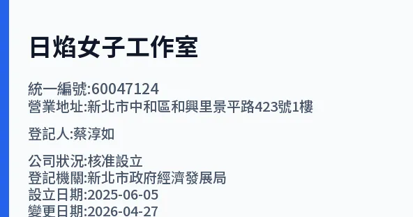 日焰女子工作室的照片-統編 60047124(新北市) 公司登記資料與營業項目詳細圖表