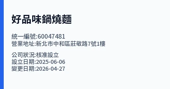 好品味鍋燒麵的照片-統編 60047481(新北市) 公司登記資料與營業項目詳細圖表