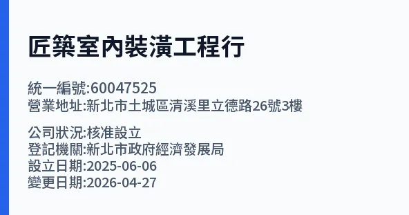 匠築室內裝潢工程行的照片-統編 60047525(新北市) 公司登記資料與營業項目詳細圖表