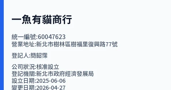 一魚有貓商行的照片-統編 60047623(新北市) 公司登記資料與營業項目詳細圖表