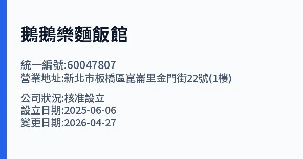 鵝鵝樂麵飯館的照片-統編 60047807(新北市) 公司登記資料與營業項目詳細圖表