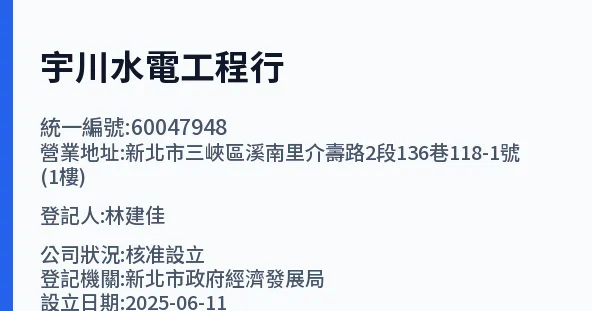 宇川水電工程行的照片-統編 60047948(新北市) 公司登記資料與營業項目詳細圖表