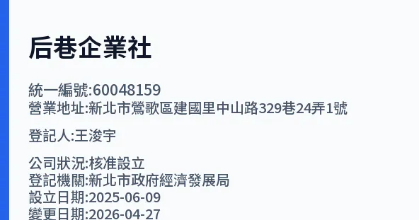 后巷企業社的照片-統編 60048159(新北市) 公司登記資料與營業項目詳細圖表