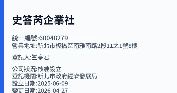 史答芮企業社的照片-統編 60048279(新北市) 公司登記資料與營業項目詳細圖表
