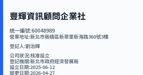 豐輝資訊顧問企業社的照片-統編 60048989(新北市) 公司登記資料與營業項目詳細圖表