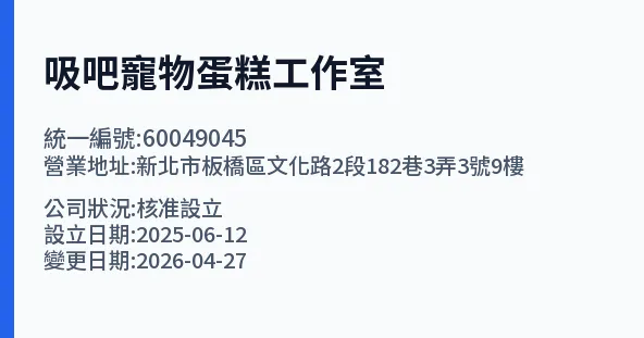 吸吧寵物蛋糕工作室的照片-統編 60049045(新北市) 公司登記資料與營業項目詳細圖表