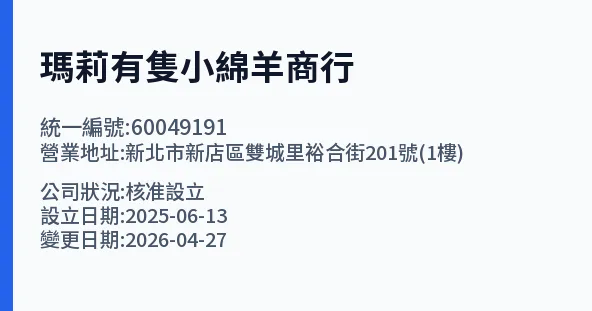 瑪莉有隻小綿羊商行的照片-統編 60049191(新北市) 公司登記資料與營業項目詳細圖表