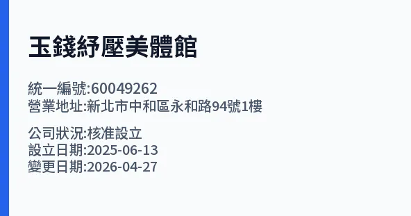 玉錢紓壓美體館的照片-統編 60049262(新北市) 公司登記資料與營業項目詳細圖表