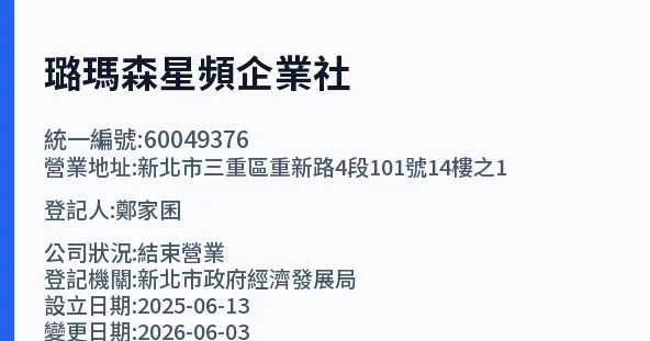 璐瑪森星頻企業社的照片-統編 60049376(新北市) 公司登記資料與營業項目詳細圖表