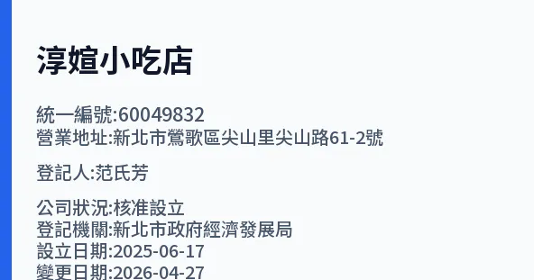 淳媗小吃店的照片-統編 60049832(新北市) 公司登記資料與營業項目詳細圖表
