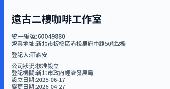 遠古二樓咖啡工作室的照片-統編 60049880(新北市) 公司登記資料與營業項目詳細圖表