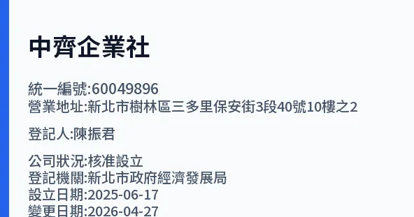 中齊企業社的照片-統編 60049896(新北市) 公司登記資料與營業項目詳細圖表