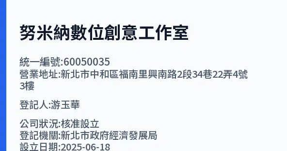 努米納數位創意工作室的照片-統編 60050035(新北市) 公司登記資料與營業項目詳細圖表