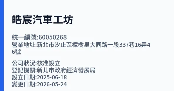皓宸汽車工坊的照片-統編 60050268(新北市) 公司登記資料與營業項目詳細圖表